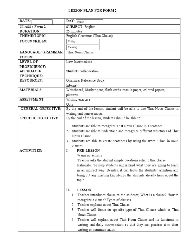 Mastering That Noun Clauses: A Detailed Lesson Plan on Teaching English ...