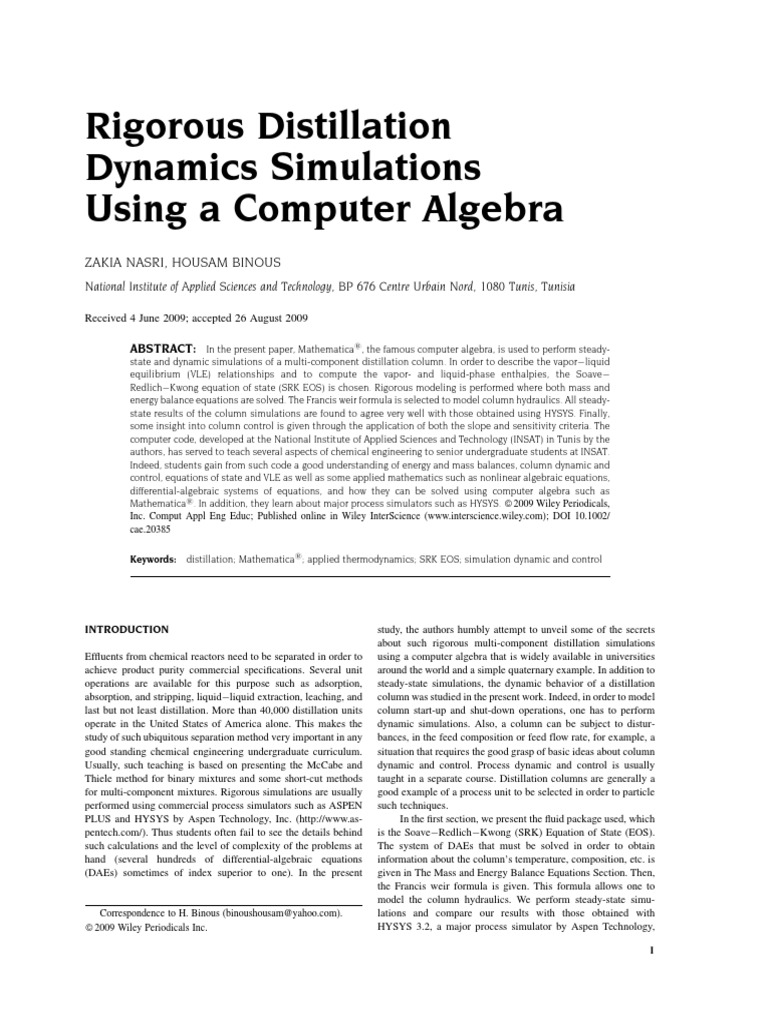 Rigorous Distillation Dynamics Simulations Pdf Distillation Enthalpy