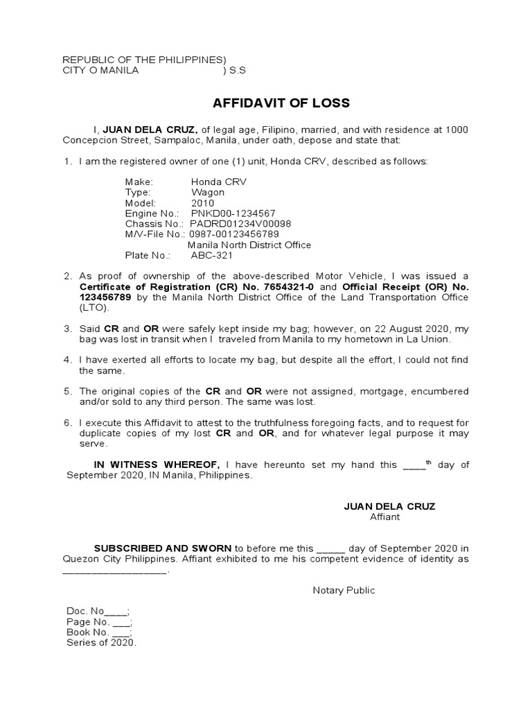Sample Affidavit of Loss CR and OR of Motor Vehicle | PDF