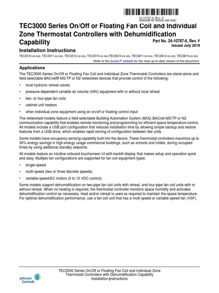 TEC3000 Series On/Off or Floating Fan Coil and Individual Zone ...