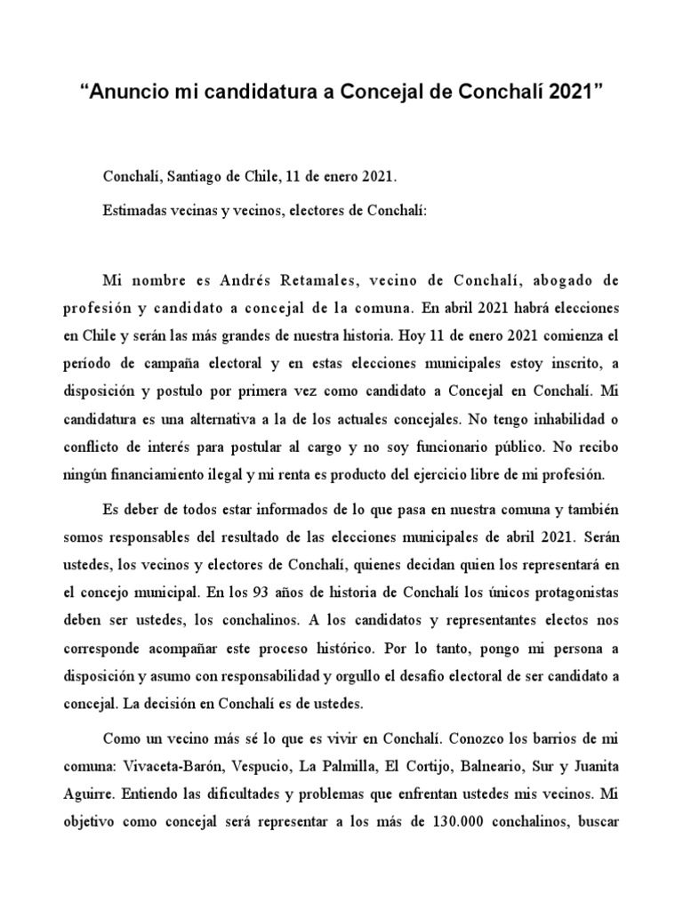 Candidatura a Concejal Conchalí 2021 | PDF | Concejal | Gobierno