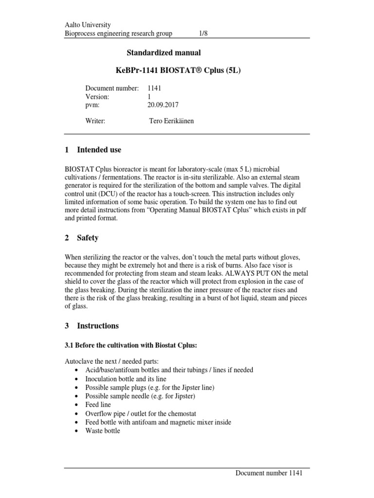 Bioreactor Sartorius Biostat Cplus (5L) Instructions | PDF | Valve ...