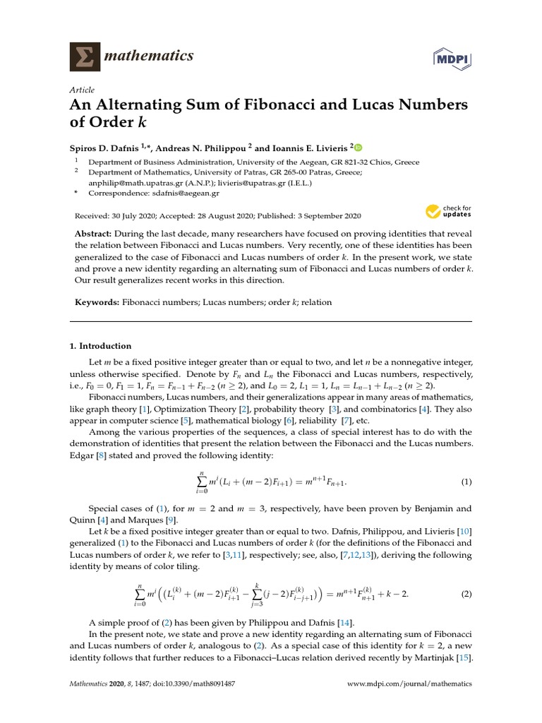 Mathematics: An Alternating Sum of Fibonacci and Lucas Numbers of Order K | PDF | Numbers ...
