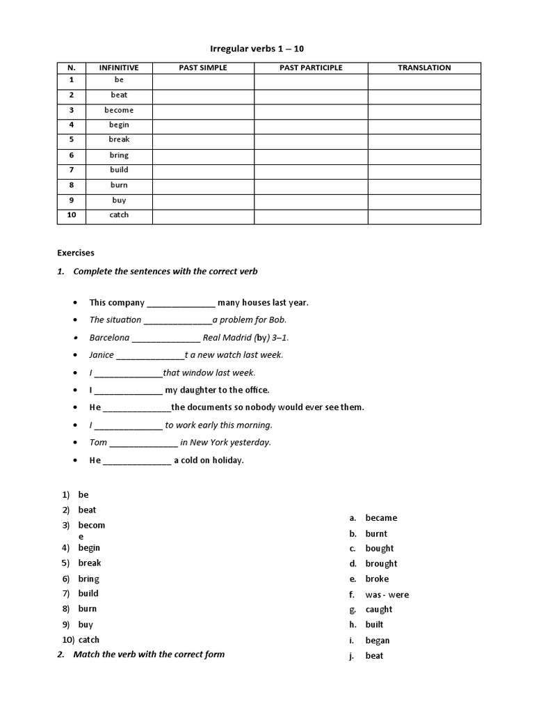 Irregular Verbs 1 - 10: Be Beat Become Begin Break Bring Build Burn Buy ...