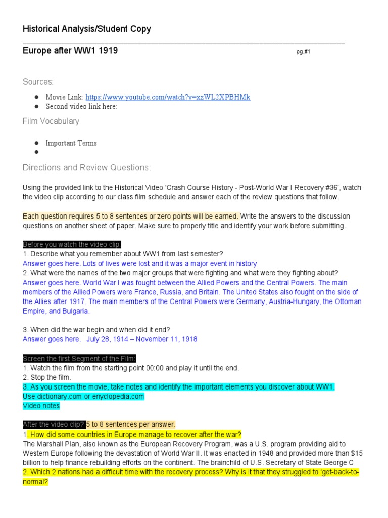 Historical Analysis/Student Copy Europe After WW1 1919: Directions and ...