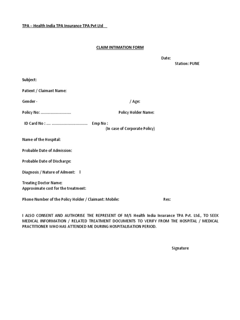 Claim Intimation Format | PDF