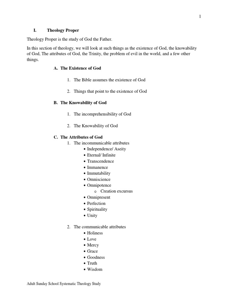 I. Theology Proper: Adult Sunday School Systematic Theology Study | PDF