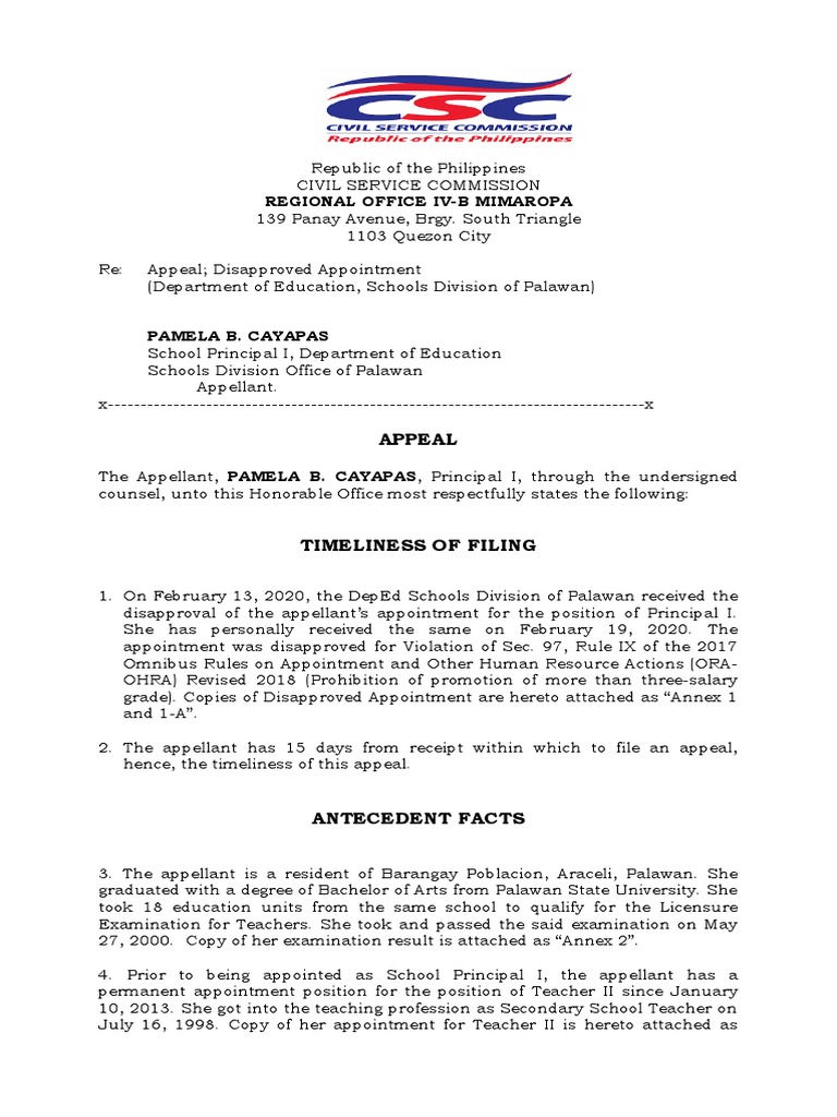 Regional Office Iv-B Mimaropa: Appeal | PDF | Appeal | Teachers