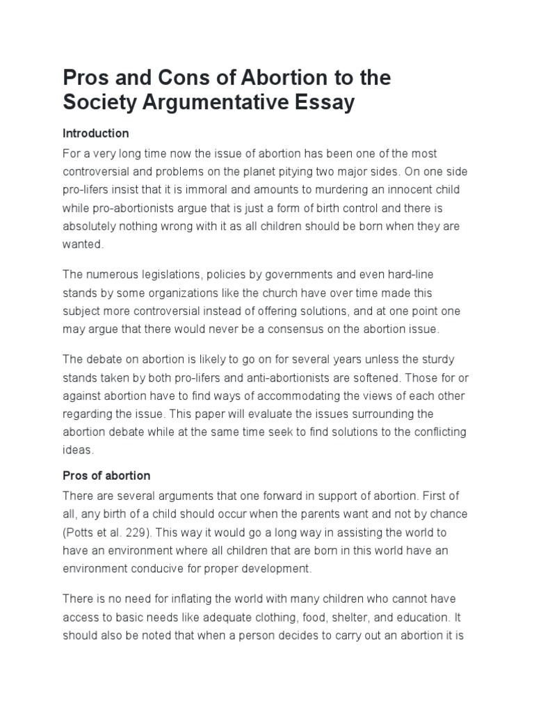 Pros and Cons of Abortion To The Society Argumentative Essay | PDF ...