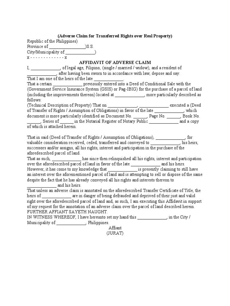 Adverse Claim For Transferred Rights Over Real Property | PDF ...