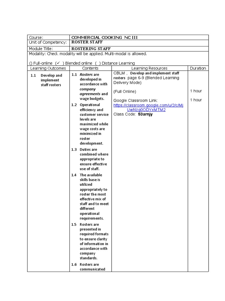 COMMON TRAINING PLAN Commercial Cooking NC III | PDF | Distance ...