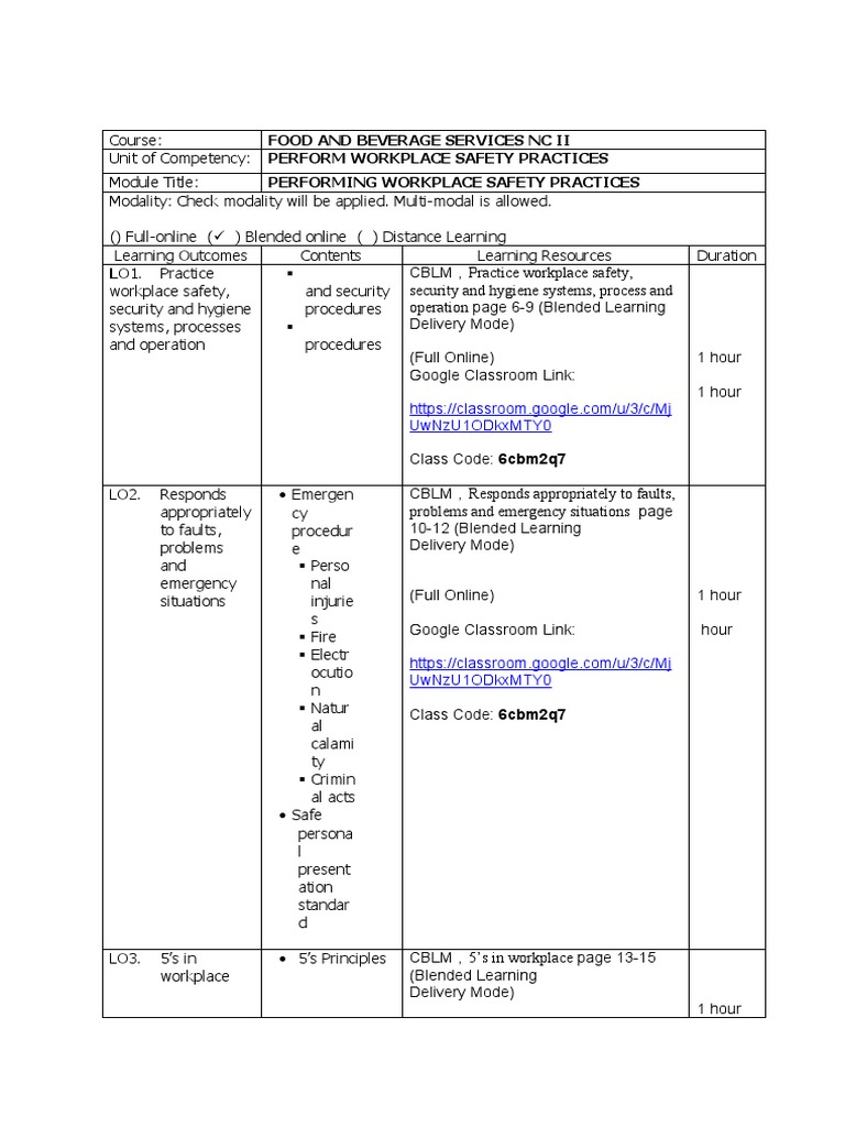 Common Training Plan FBS Ncii | PDF | Hygiene | Distance Education