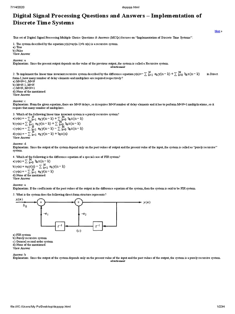 Digital Signal Processing Questions and Answers - Implementation of Discrete Time Systems | PDF ...
