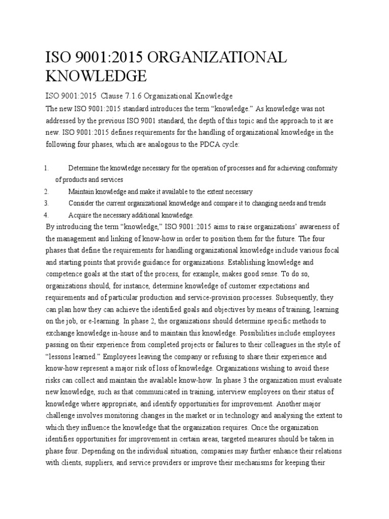 ISO 9001:2015 Clause 7.1.6 Organizational Knowledge | PDF