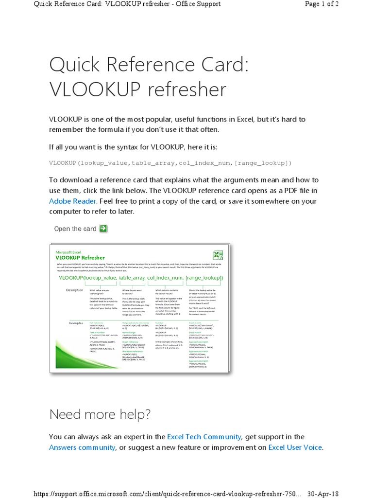 Quick Reference Card: VLOOKUP Refresher: Need More Help? | PDF