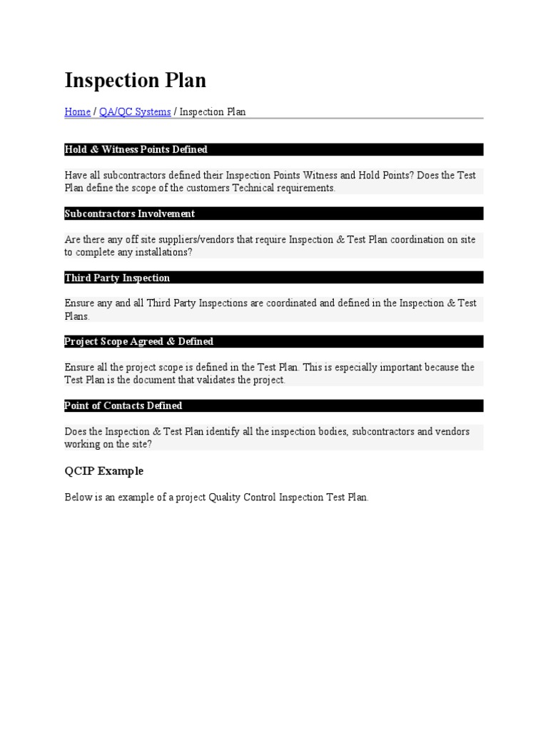 Inspection Plan: Home QA/QC Systems | PDF | Specification (Technical ...