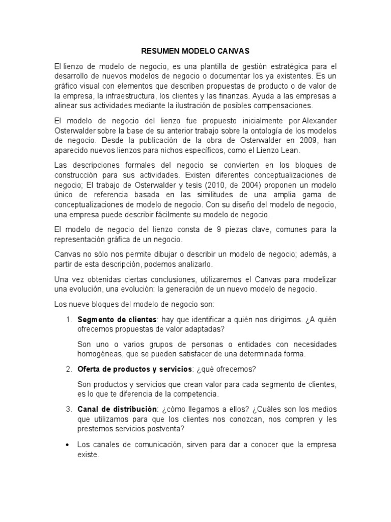 Resumen Modelo Canvas | PDF | Economias | Business