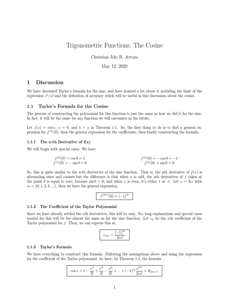 Taylor Series for the Cosine Function | PDF | Trigonometric Functions ...