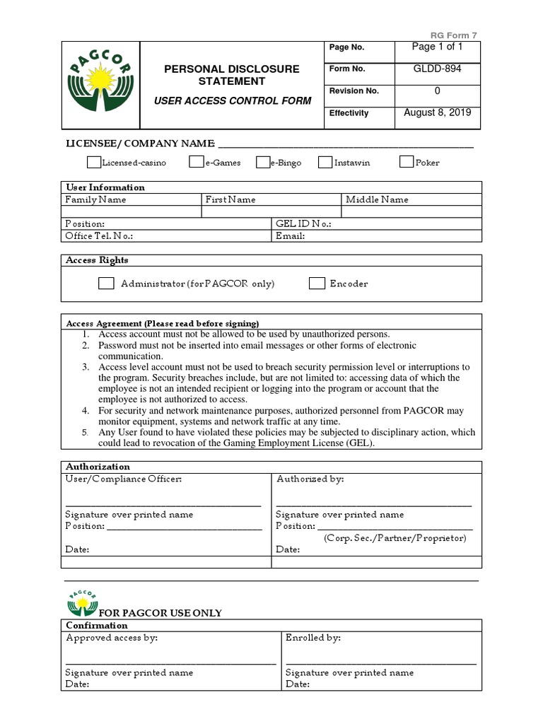 RG Form 7 - User Access Control Form | PDF | Access Control | Crime ...