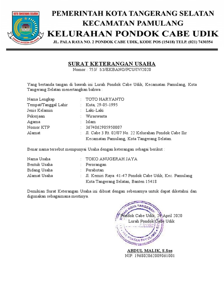 Surat Keterangan Usaha Pondok Cabe Udik | PDF