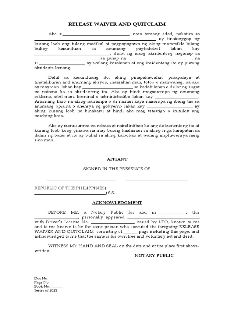 Release Waiver and Quitclaim | PDF