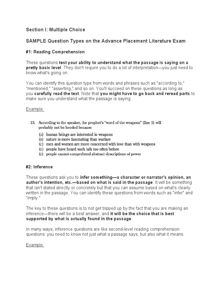 Section I: Multiple Choice SAMPLE Question Types On The Advance ...