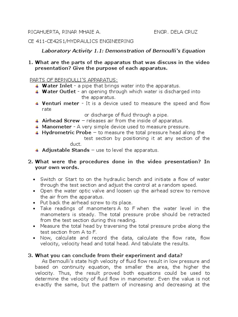 Laboratory Activity 1.1: Demonstration of Bernoulli's Equation | PDF