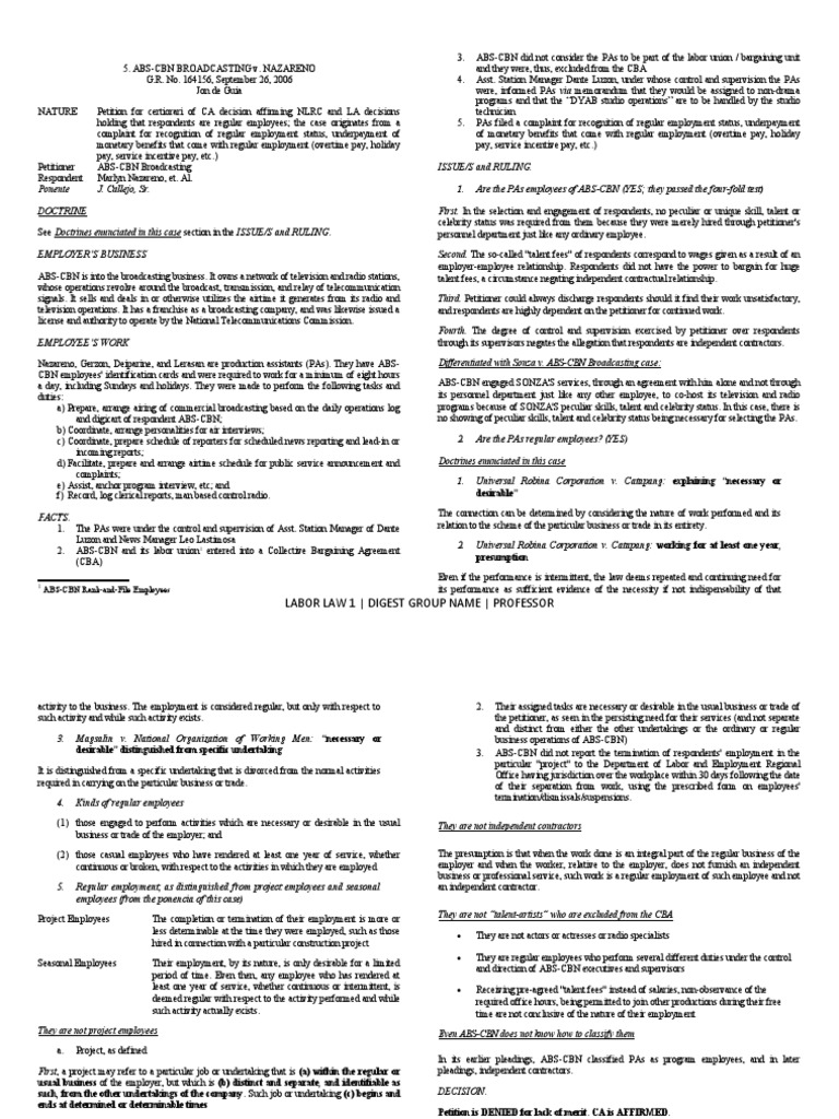 Labor Law 1 - Digest Group Name - Professor: ABS-CBN Rank-and-File ...