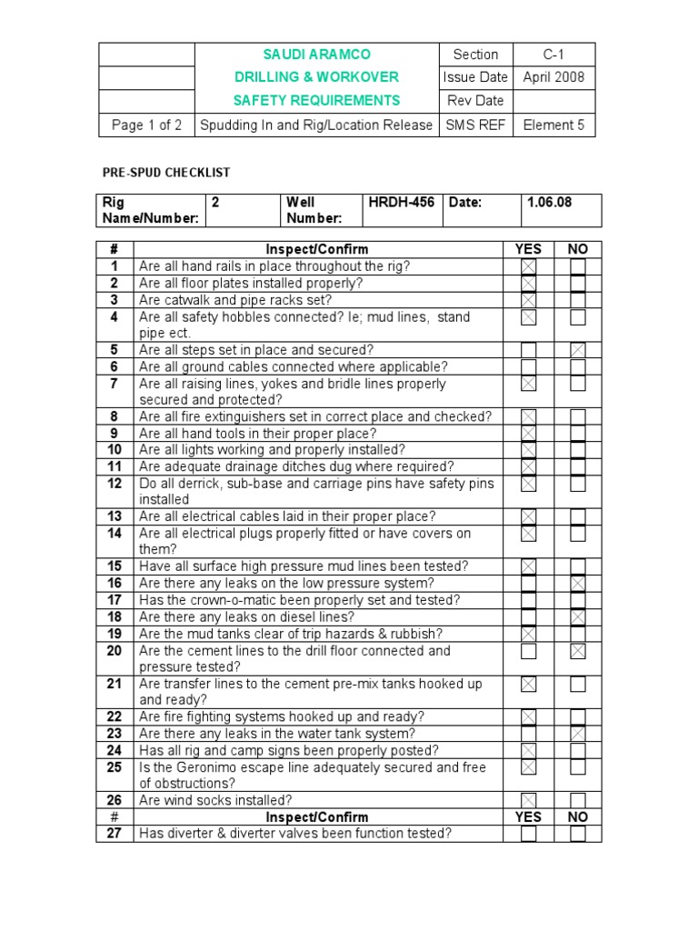 Pre-Spud Checklist C-1 | PDF | Equipment | Manufactured Goods