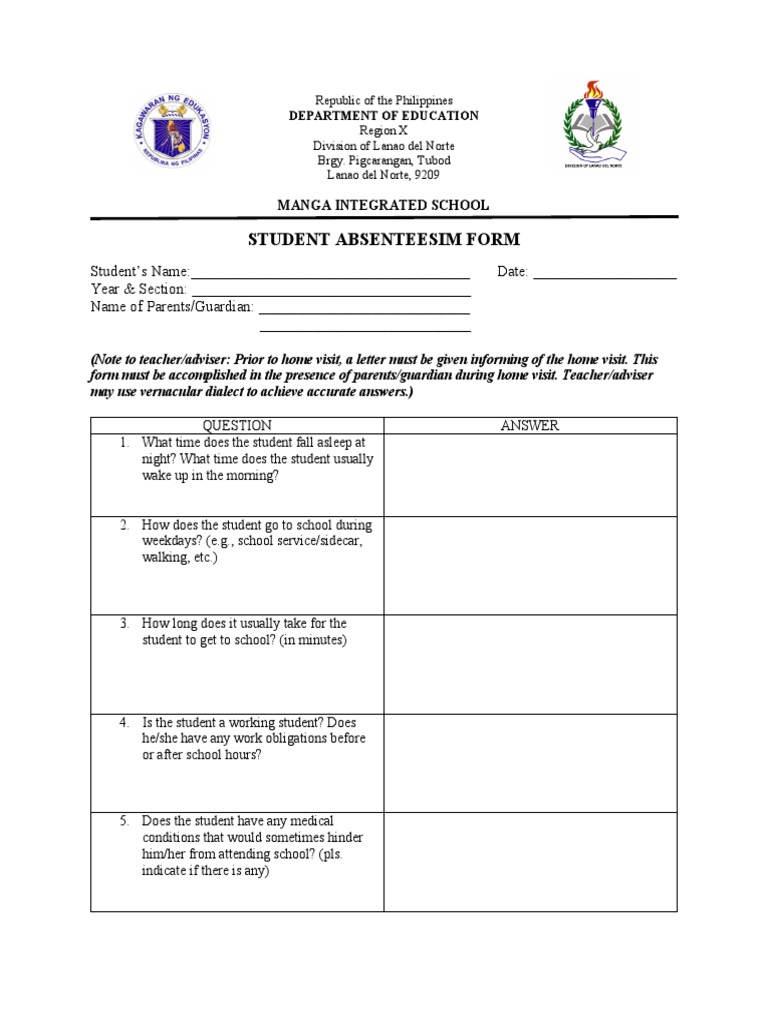 Student Absenteesim Form: Manga Integrated School | PDF | Human Nature ...