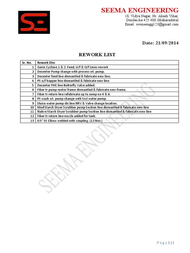 Seema Engineering: Rework List | PDF
