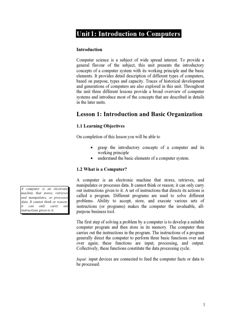 Unit 1: Introduction To Computers: Lesson 1: Introduction and Basic ...