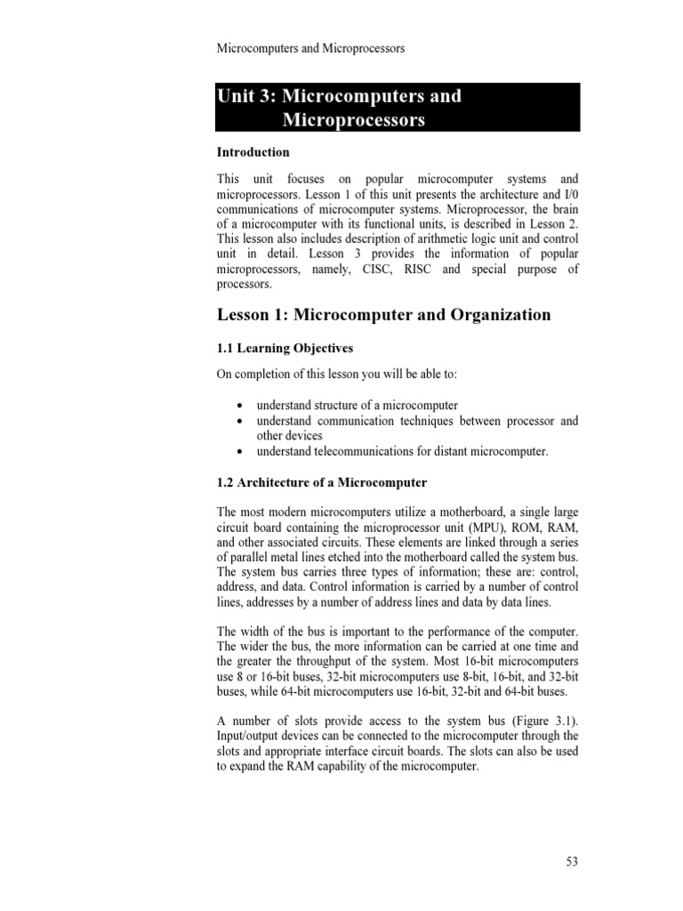 Unit 3 Microcomputers And Microprocessors Lesson 1 Microcomputer And Organization Pdf