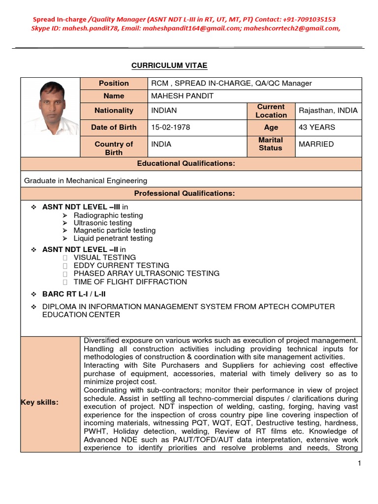 Mahesh Pandit Updated CV 09.01.2021 | PDF | Nondestructive Testing ...