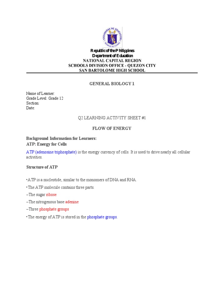 General Biology 1: Name of Learner: Grade Level: Grade 12 Section: Date ...