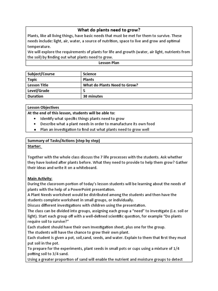 Plant Growth Needs Lesson Plan for Grade 5 | PDF | Plants | Lesson Plan