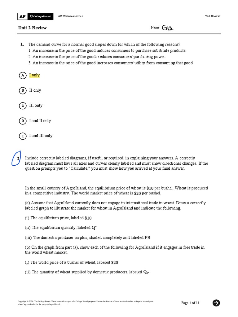 Unit 2 Review: 1. The Demand Curve For A Normal Good Slopes Down For ...