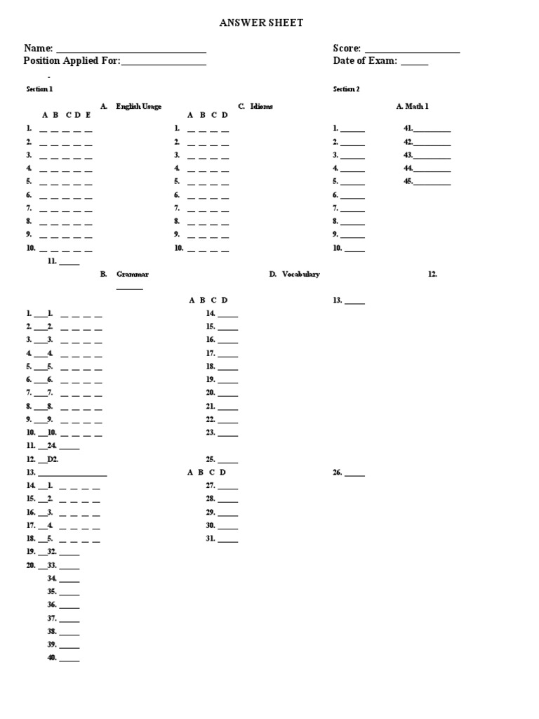 Answer Sheet Name: Score: Position Applied For: Date of Exam | Download ...