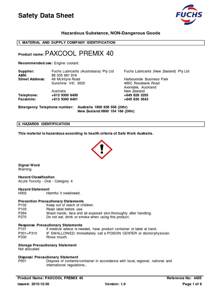 Paxcool Premix 40: Safety Data Sheet | PDF | Dangerous Goods | Toxicity