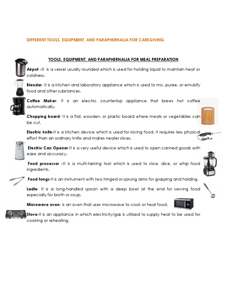 Caregiving Tools and Equipment Guide | PDF | Home Appliance | Foods