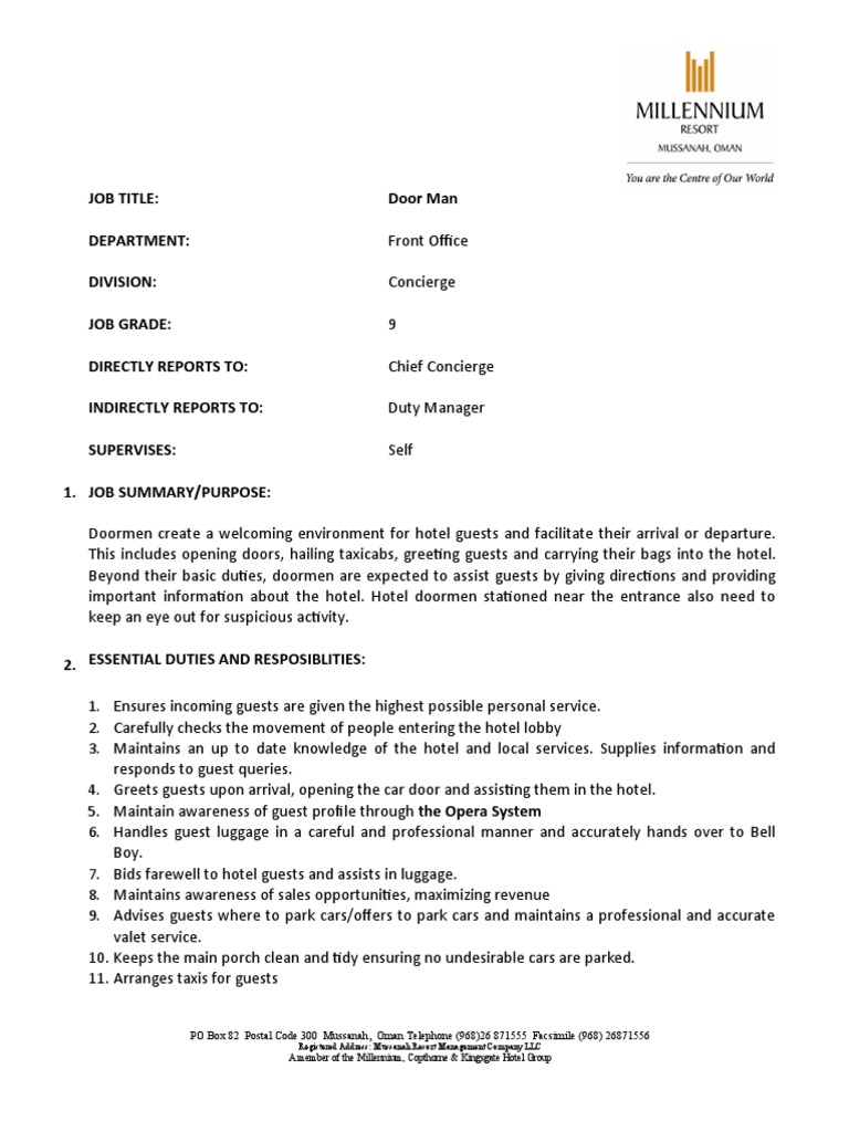 Job Title: Door Man Department: Division: Job Grade: Directly Reports ...
