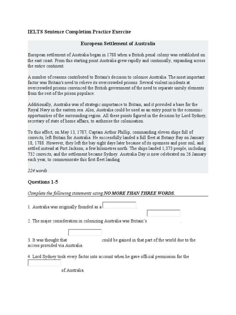 IELTS Sentence Completion Practice Exercise | PDF