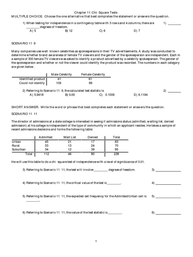 Ch11 Chi Square Tests | PDF | Chi Squared Test | Statistical Hypothesis ...
