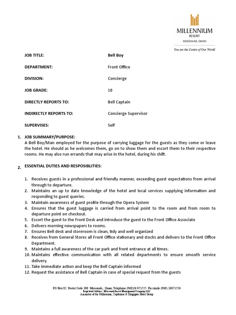Job Title: Bell Boy Department: Division: Job Grade: Directly Reports ...