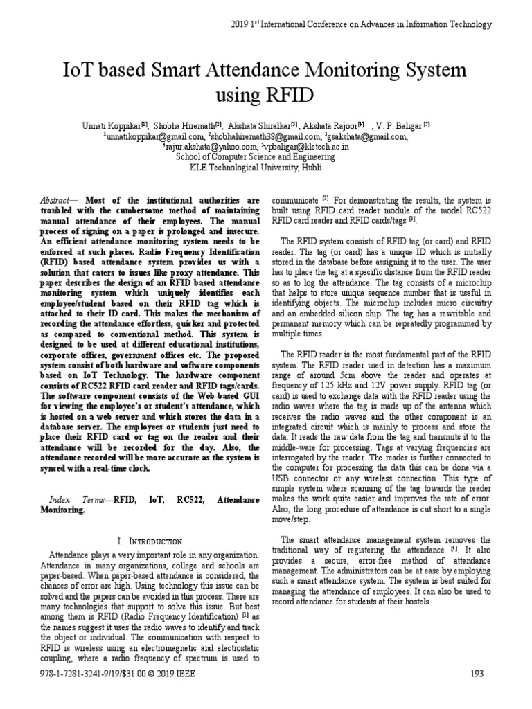 Iot Based Smart Attendance Monitoring System Using Rfid: Abstract ...