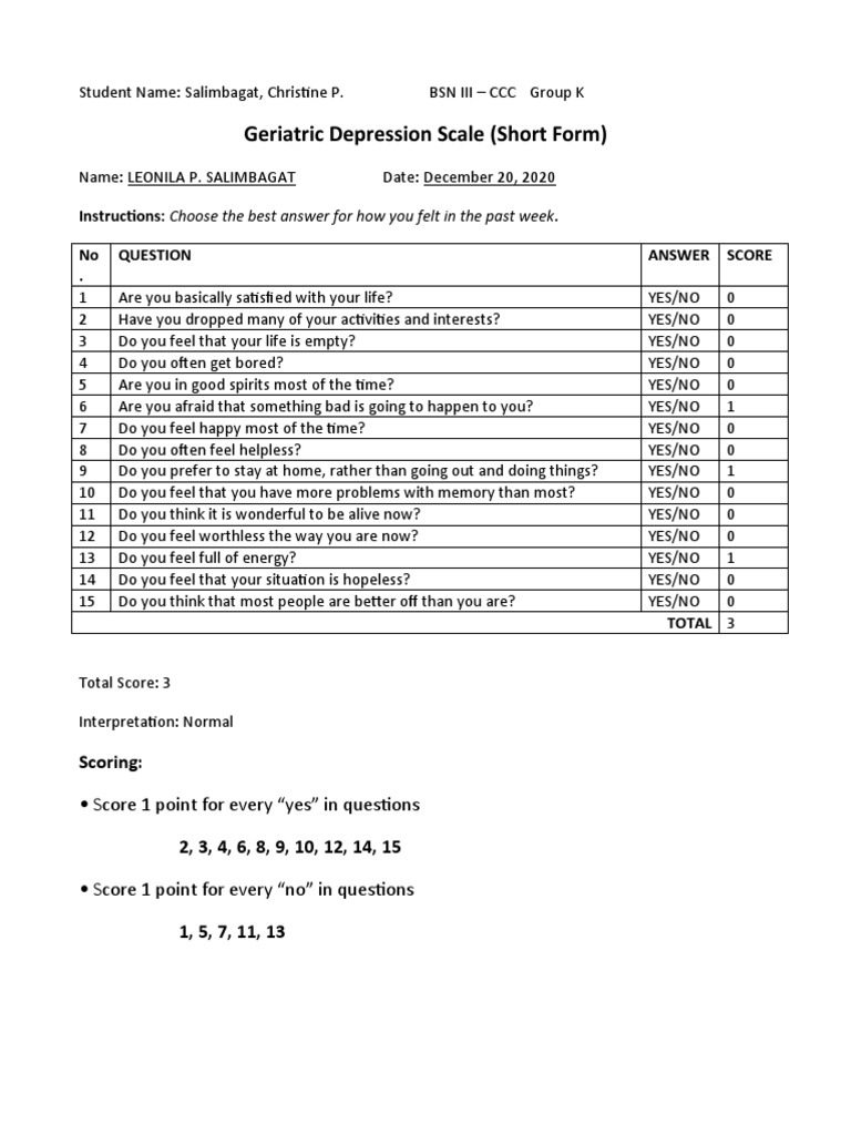 Geriatric Depression Scale - Salimbagat | PDF