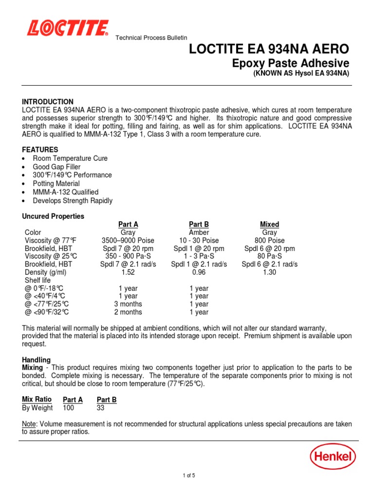 Loctite Ea 934na Aero (Known As Hysol Ea 934na) - Tds | PDF | Adhesive ...