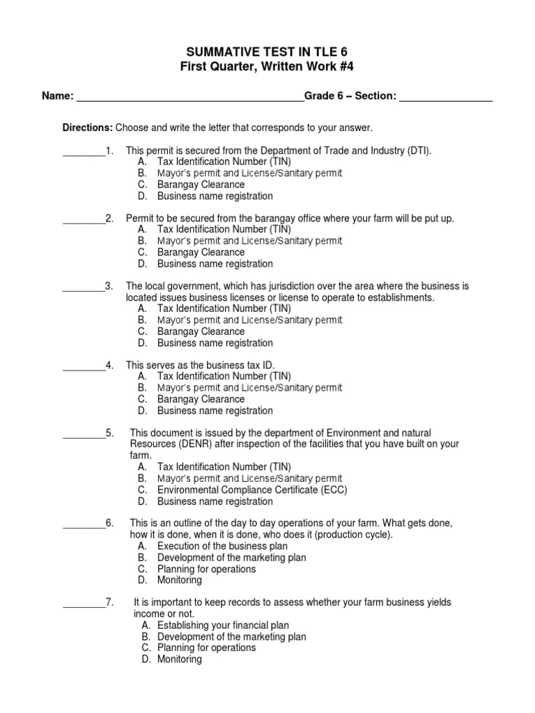 Summative Test in Tle 6 First Quarter, Written Work #4 | PDF | Public ...