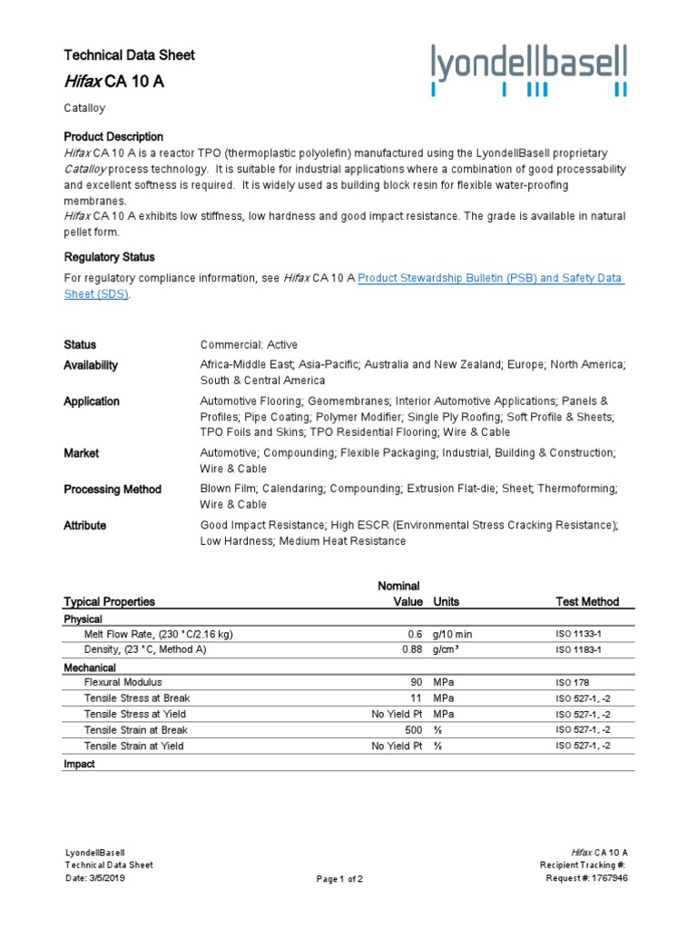 Technical Data Sheet Hifax CA 10 A | Download Free PDF | Yield ...