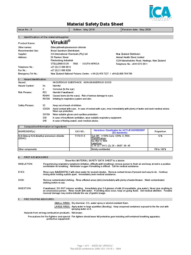 Virukill: Material Safety Data Sheet | PDF | Toxicity | Personal ...